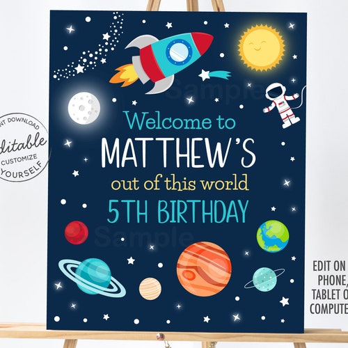 Editable Space Birthday Party Sign Galaxy Planets Outer Space - Etsy