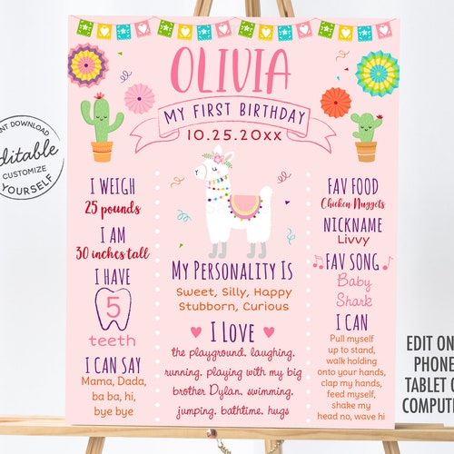 EDITABLE Llama Birthday Milestone Poster Llama First | Etsy