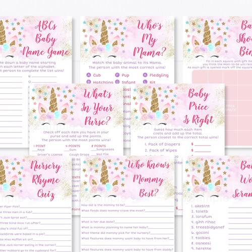 Unicorn Baby Shower Games Package Rainbow Unicorn Pink Gold | Etsy