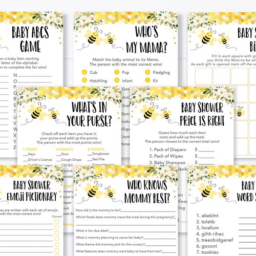 Bee Baby Shower Games Package Bumble Bee Shower Greenery | Etsy