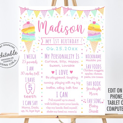 Editable Ice Cream Birthday Milestone Sign Ice Cream First - Etsy