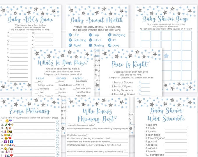 Twinkle Star Baby Shower Games Package Blue & Silver Boy Baby - Etsy