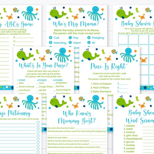 Blue Under the Sea Baby Shower Games Package Nautical Whale - Etsy