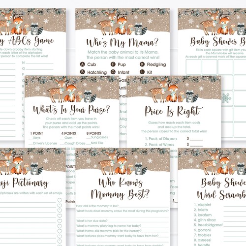 Winter Woodland Baby Shower Games Package Greenery Woodland | Etsy