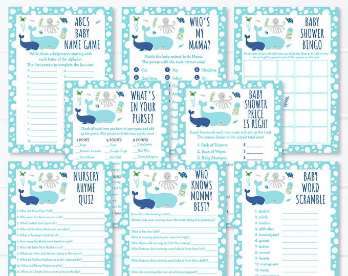 Blue Under the Sea Baby Shower Games Package Nautical Whale - Etsy