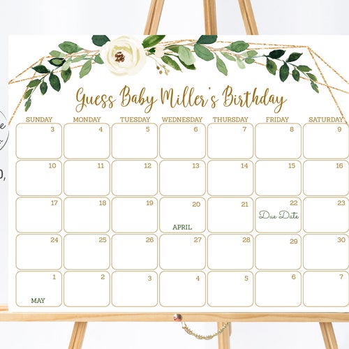 EDITABLE Greenery Baby Due Date Calendar Birthday Predictions - Etsy