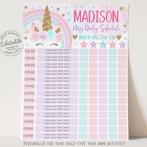 EDITABLE Home School Schedule Unicorn Girl Daily Schedule - Etsy