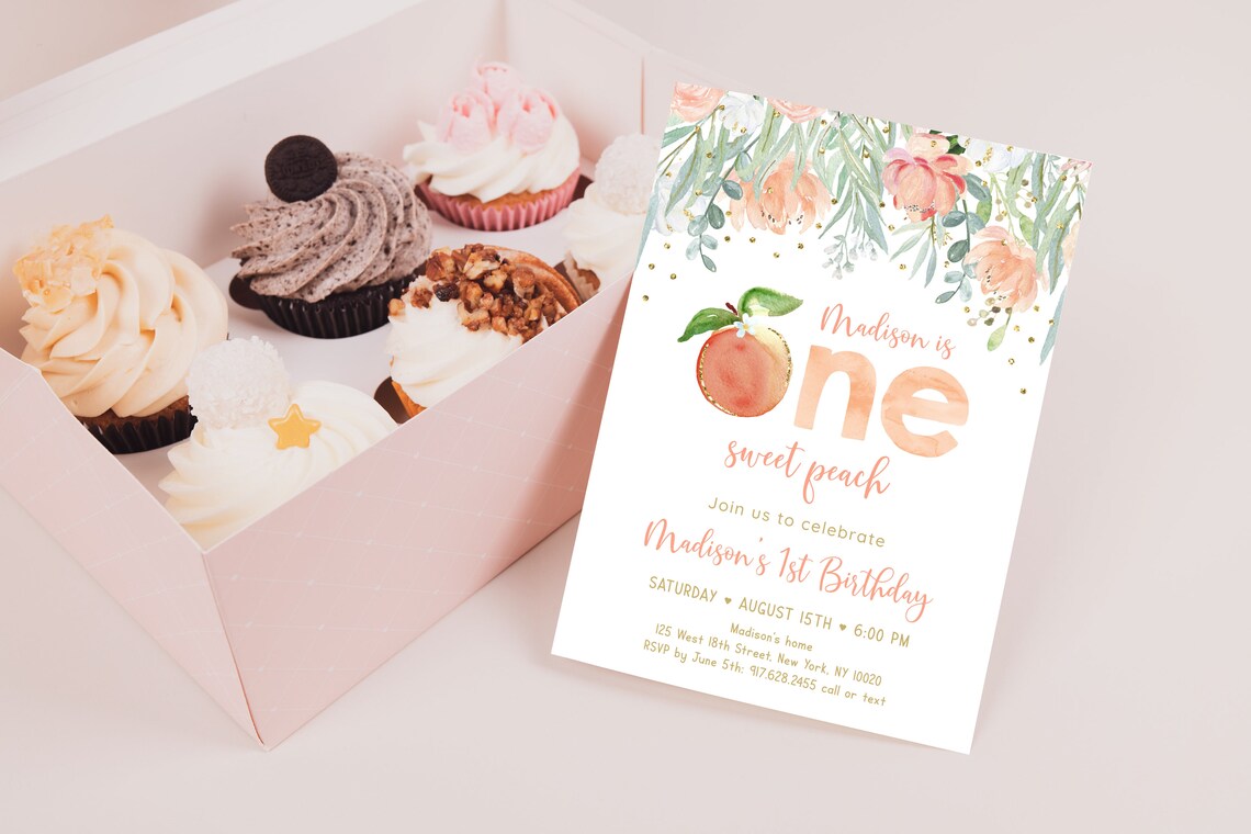 Editable Peach Birthday Invitation One Sweet Peach First Birthday ...