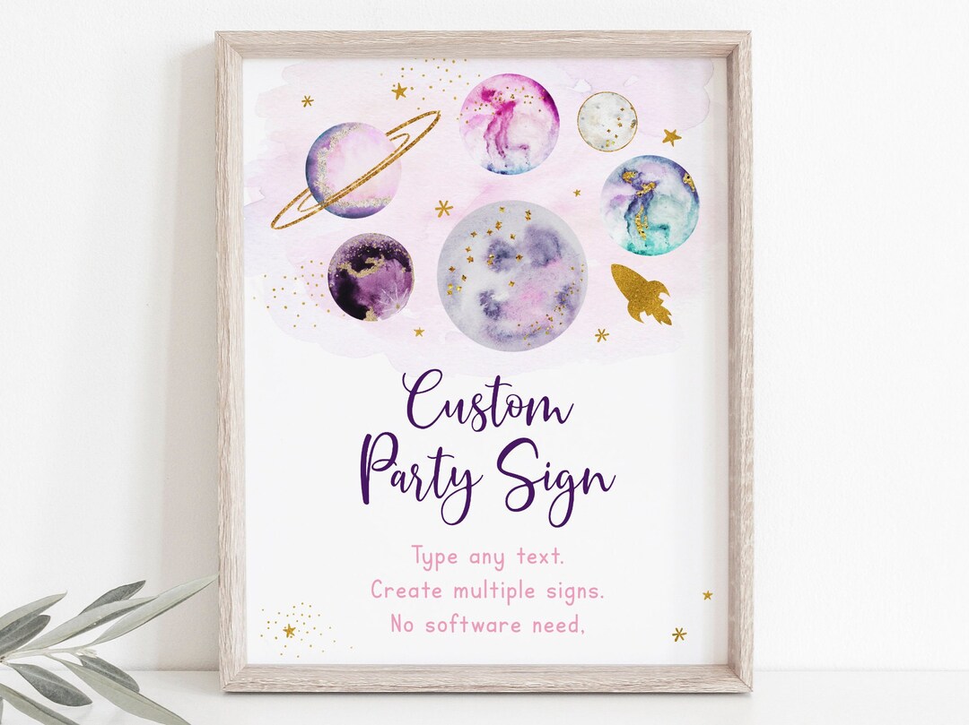 Editable Space Birthday Party Sign Pink Gold Girl Galaxy Planets Rocket ...