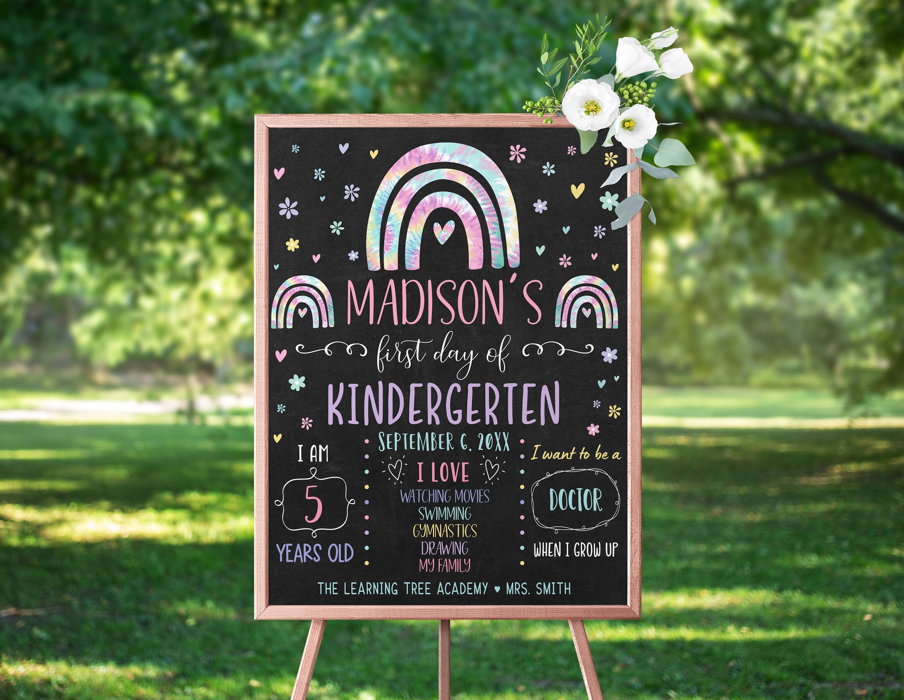 Editable First Day of Kindergarten Sign Tie Dye Rainbow First | Etsy