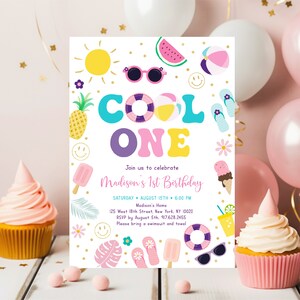 Editable Boho Pool Party 1st Birthday Invitation, Cool One Invite, Pink ...