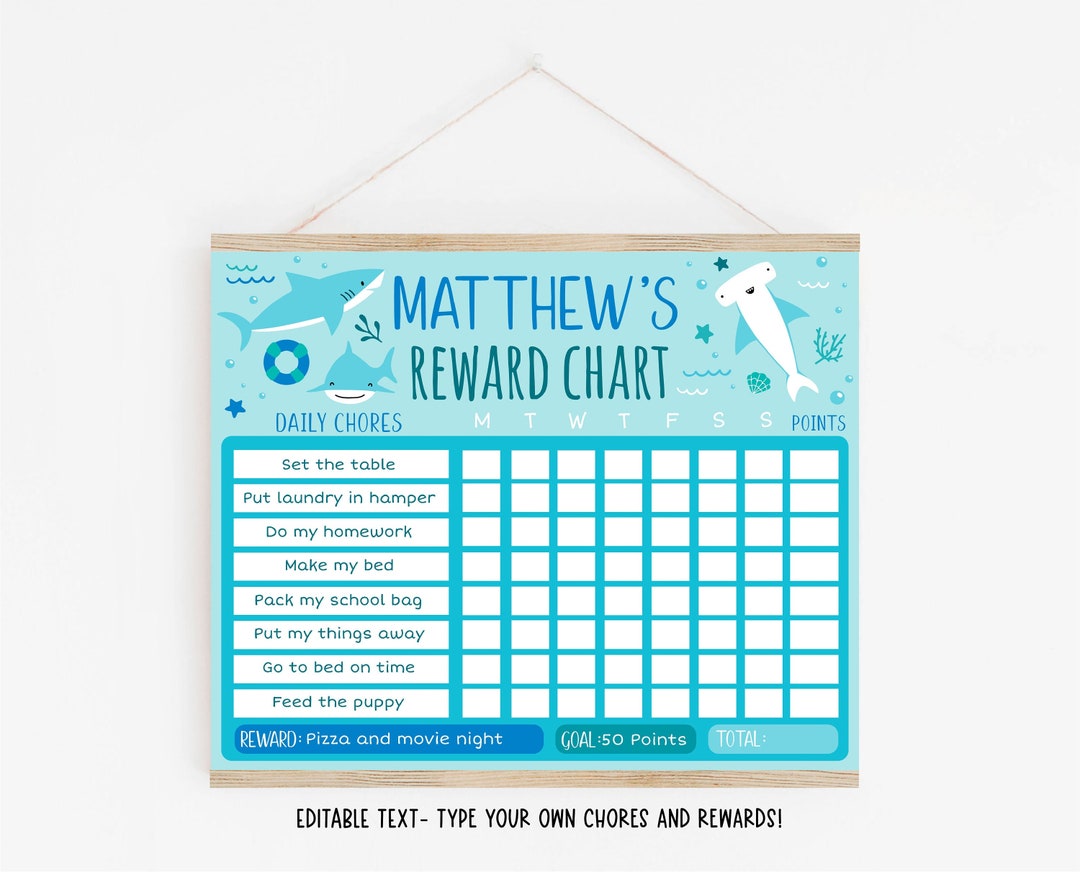Editable Shark Reward Chart, Shark Chore Chart, Behavior Chart, Boys ...