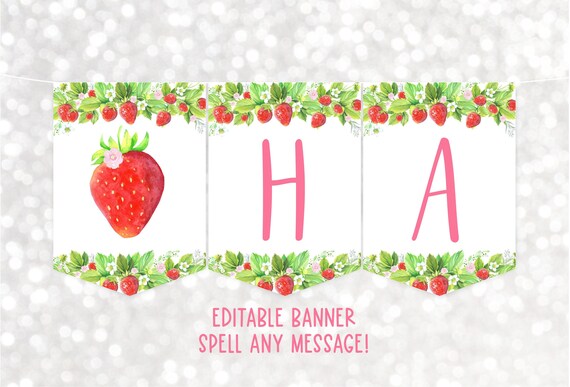 Editable Strawberry Birthday Banner Strawberry First Birthday Berry ...