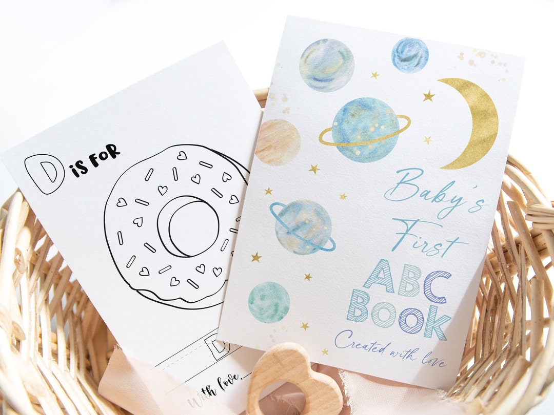 ABC Book Baby Shower Game Pastel Blue Galaxy Space Alphabet Coloring ...