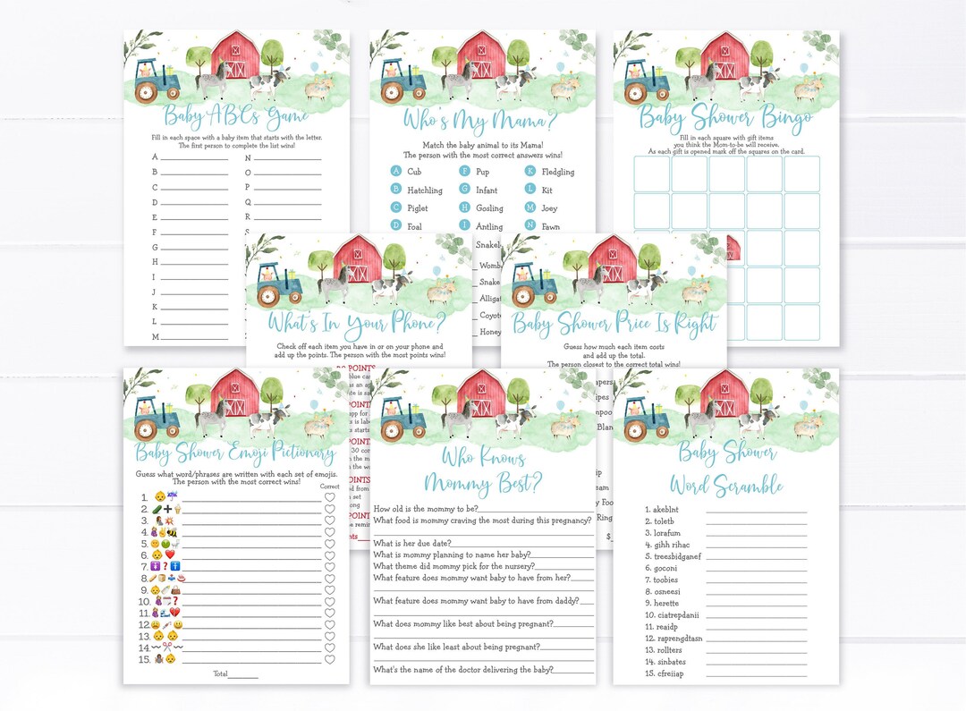 Farm Baby Shower Games Package Boy Farm Animal Barnyard Baby Shower ...
