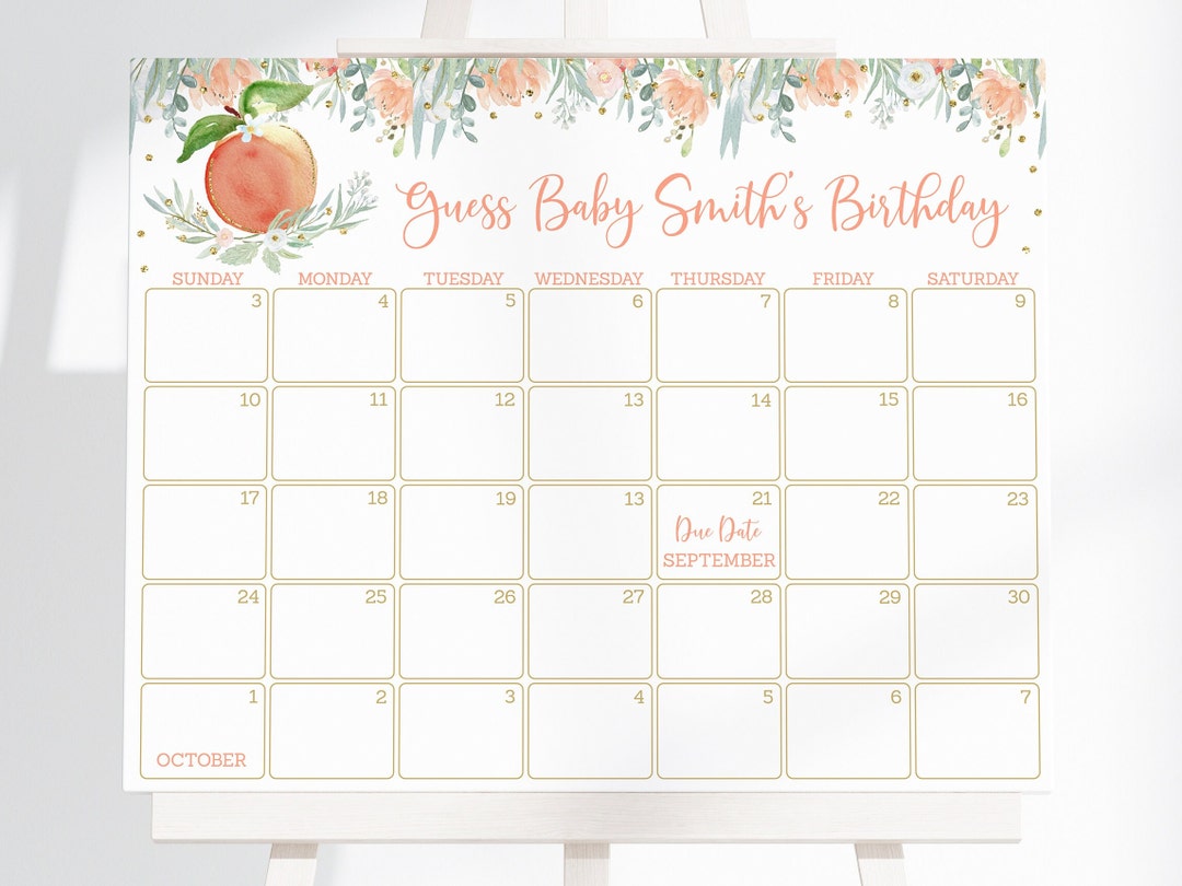 Editable Peach Baby Due Date Calendar Game Little Peach Baby Shower ...