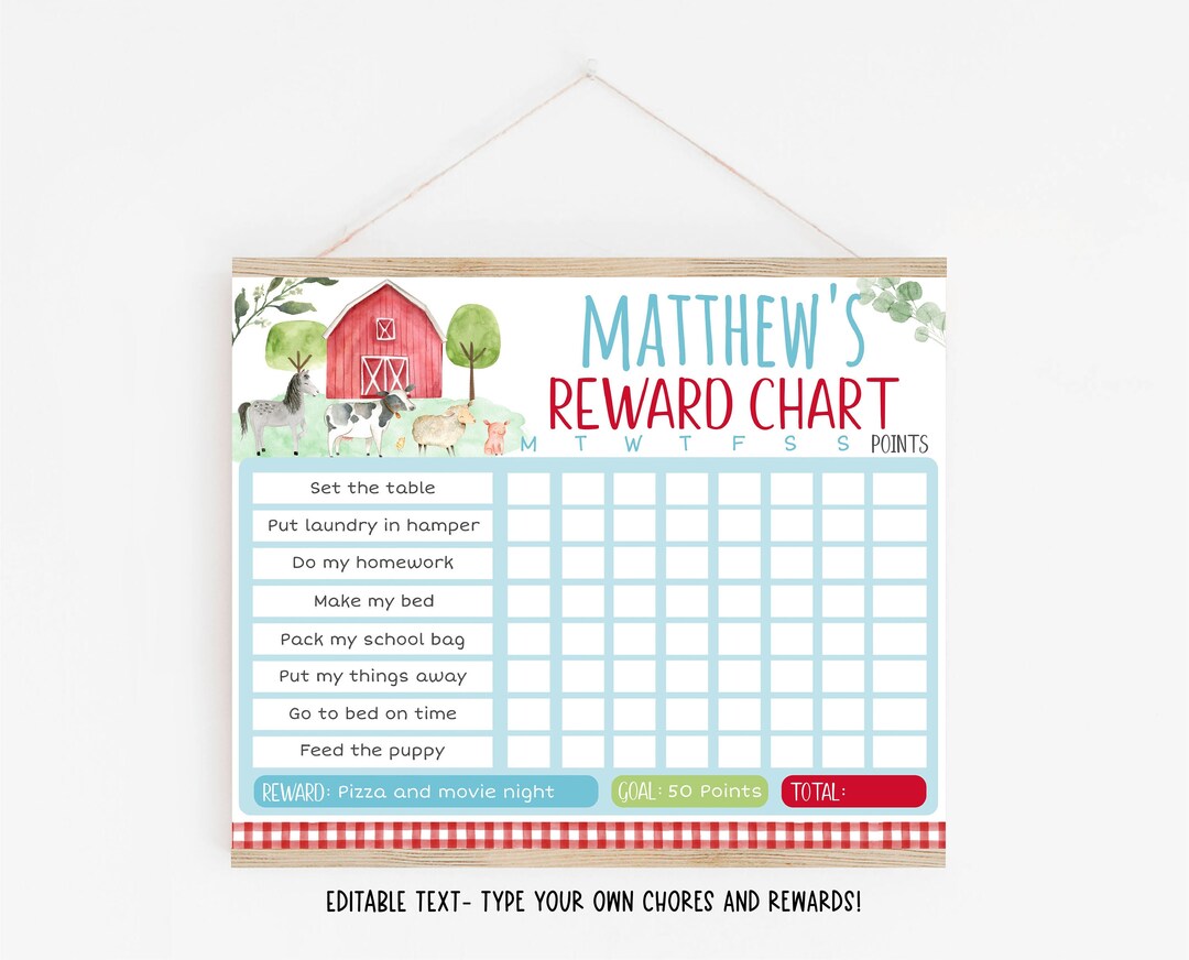 EDITABLE Farm Reward Chart, Chore Chart, Behavior Chart, Boy Farm ...