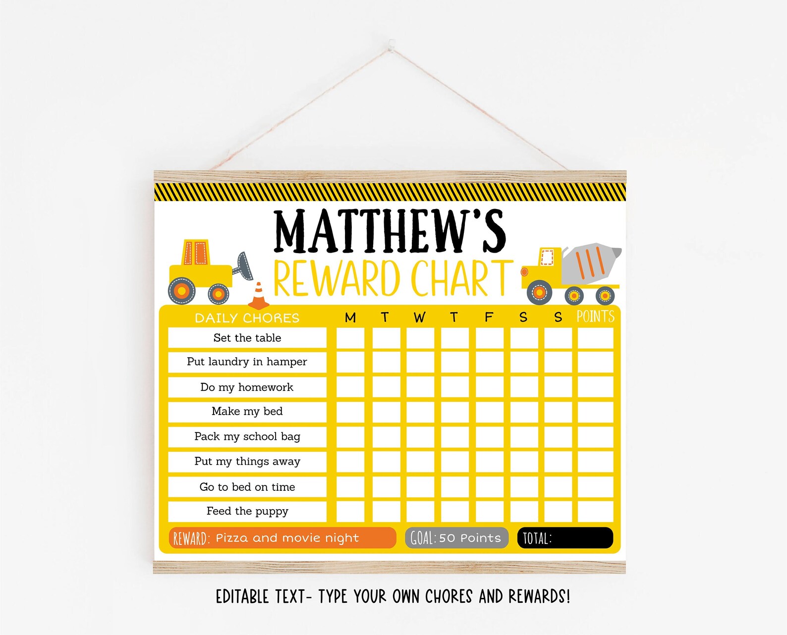EDITABLE Construction Reward Chart, Chore Chart, Behavior Chart, Boys ...