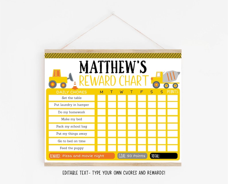 EDITABLE Construction Reward Chart Chore Chart Behavior - Etsy