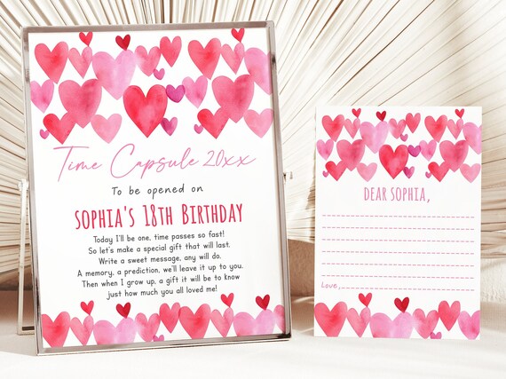Editable Little Sweetheart Birthday Time Capsule Pink Gold Hearts ...