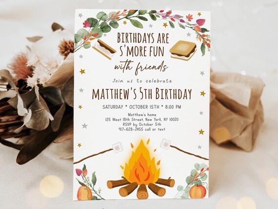 Editable S'mores Birthday Invitation, Fall S'mores Birthday Invite, Camping, Campfire, Bonfire ...