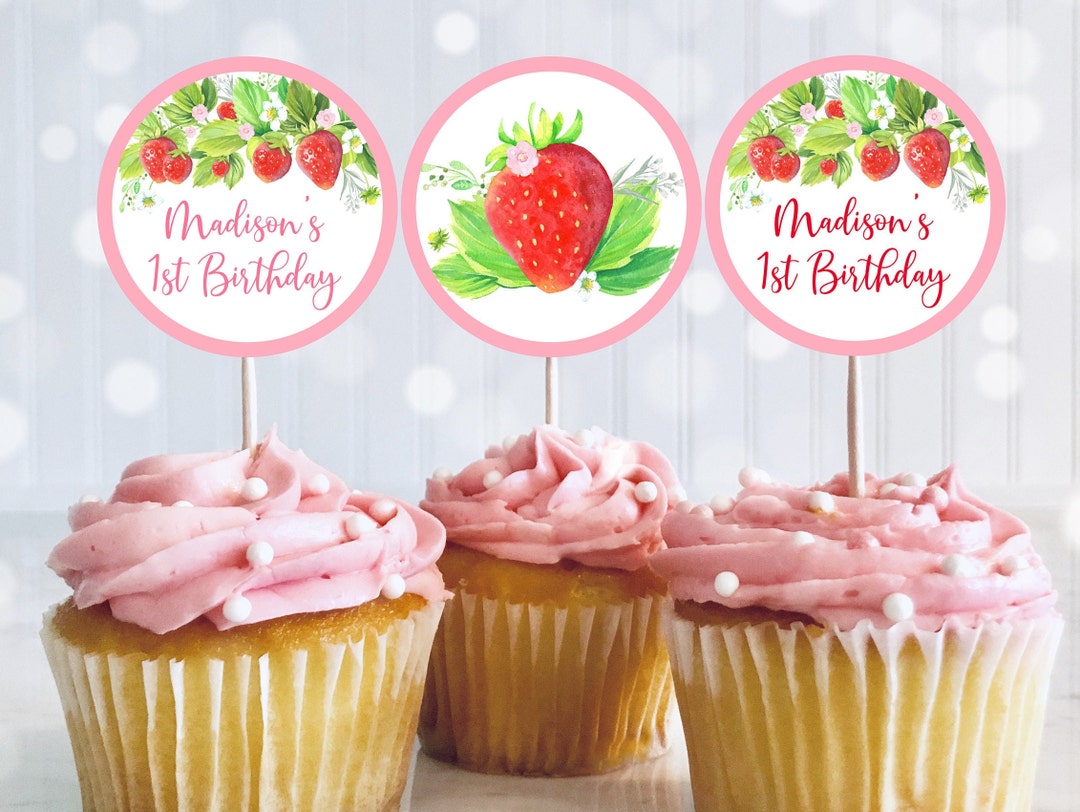 Editable Strawberry Cupcake Topper Strawberry First Birthday Berry ...