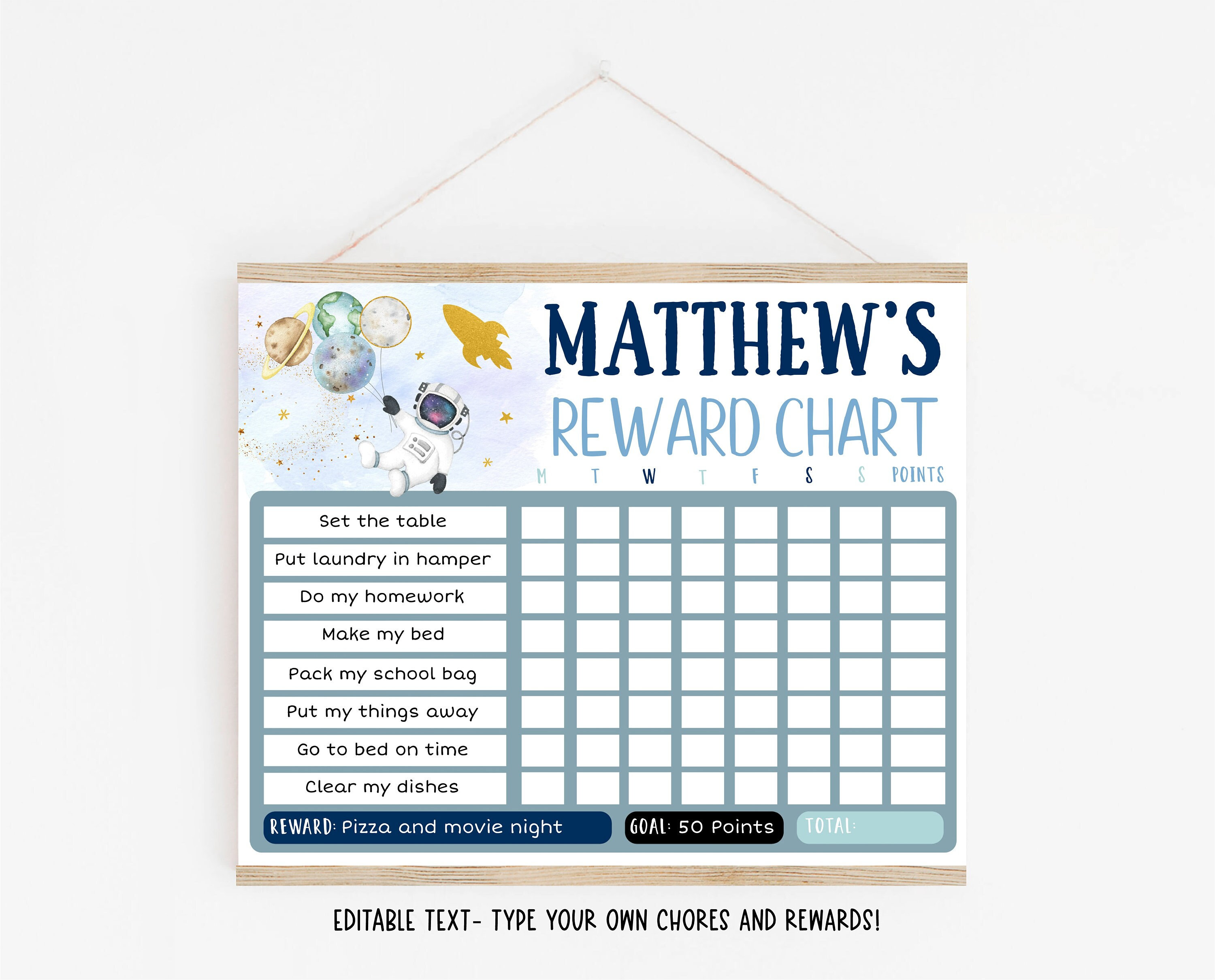 Editable Space Reward Chart Astronaut Rocket Ship Stars Planets Boy ...