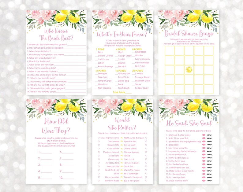 Pink Floral Lemon Bridal Shower Games Bundle (set of 6 Printable Games ...