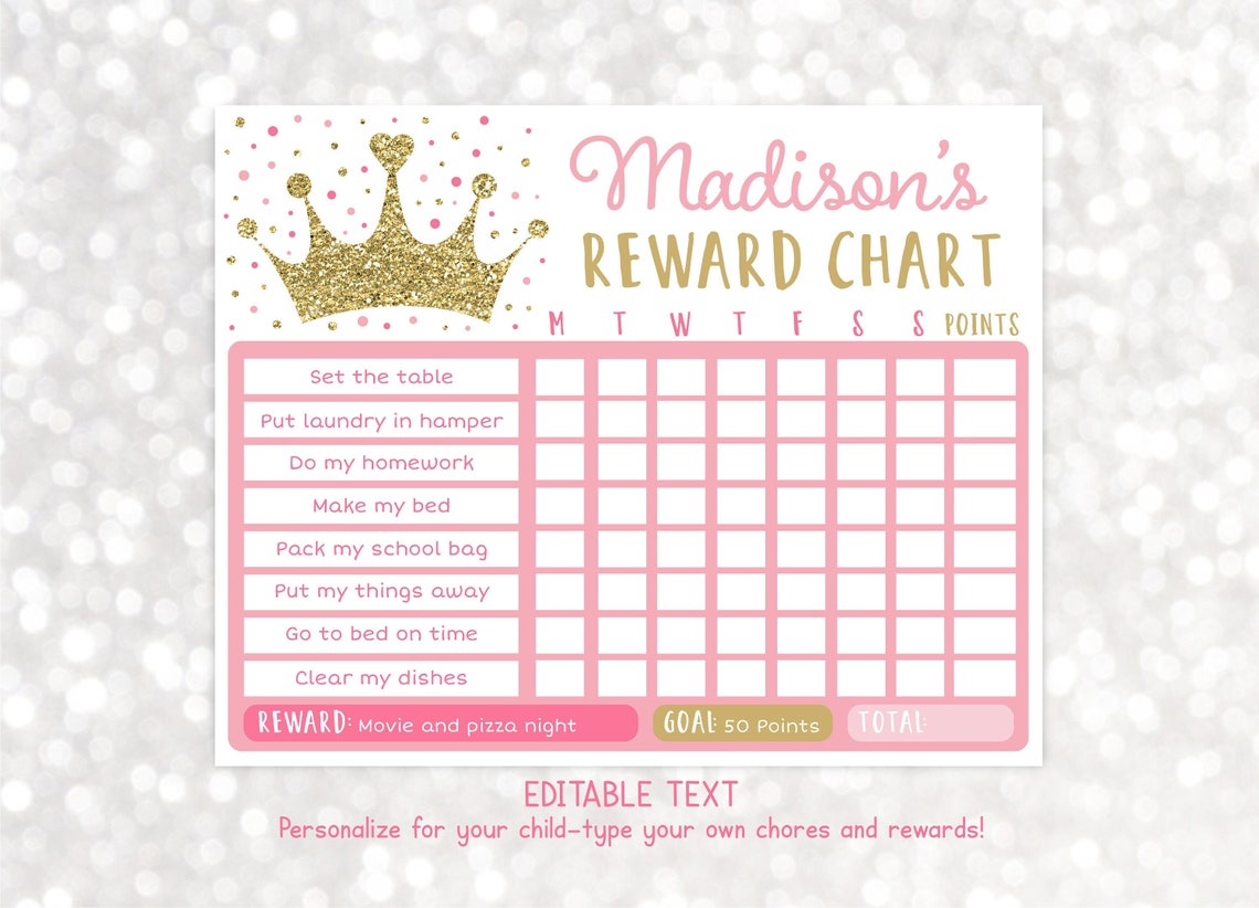 Editable Princess Reward Chart Princess Behavior Chart Pink | Etsy