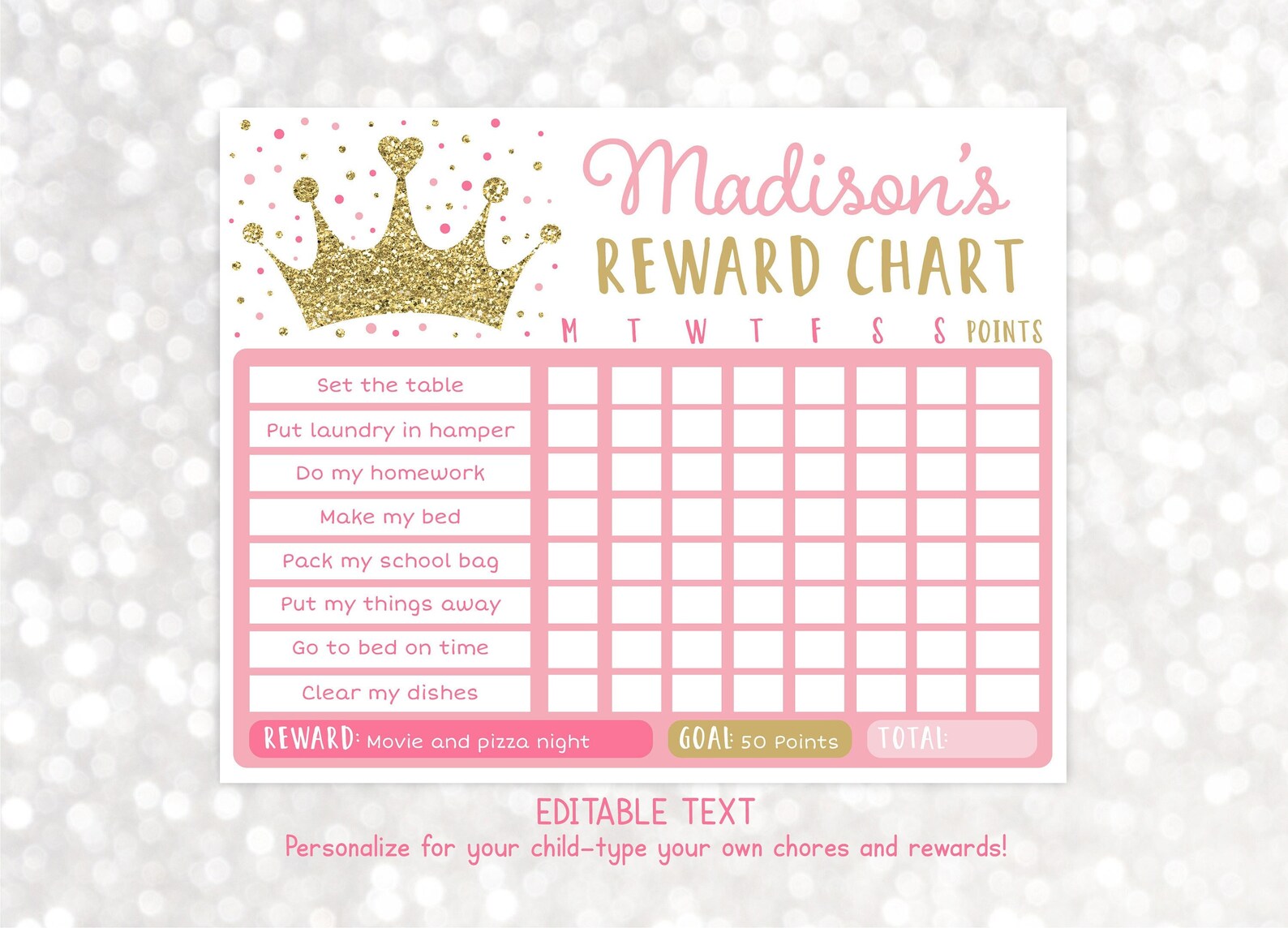 Editable Princess Reward Chart Princess Behavior Chart Pink | Etsy