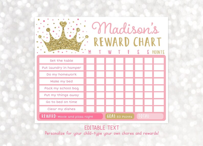 Editable Princess Reward Chart Princess Behavior Chart Pink | Etsy