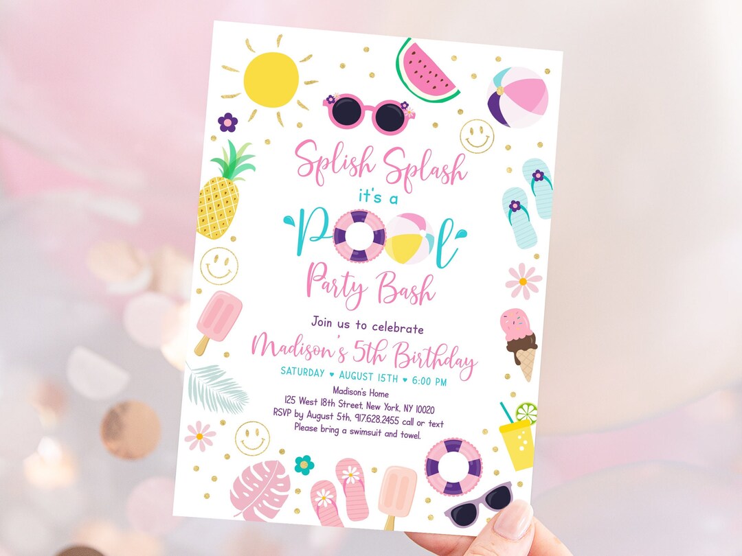 Editable Pool Party Birthday Invitation Girl Pool Party Pink Gold Boho ...