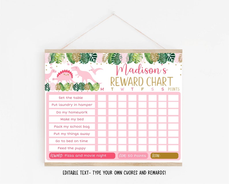 EDITABLE Girls Dinosaur Reward Chart Dinosaur Chore Chart Dinosaur ...