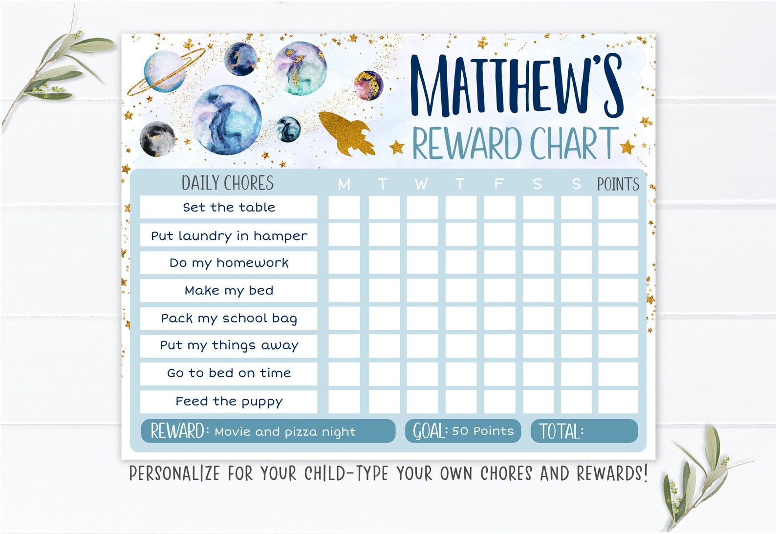 Editable Space Reward Chart Galaxy Rocket Ship Stars Planets - Etsy