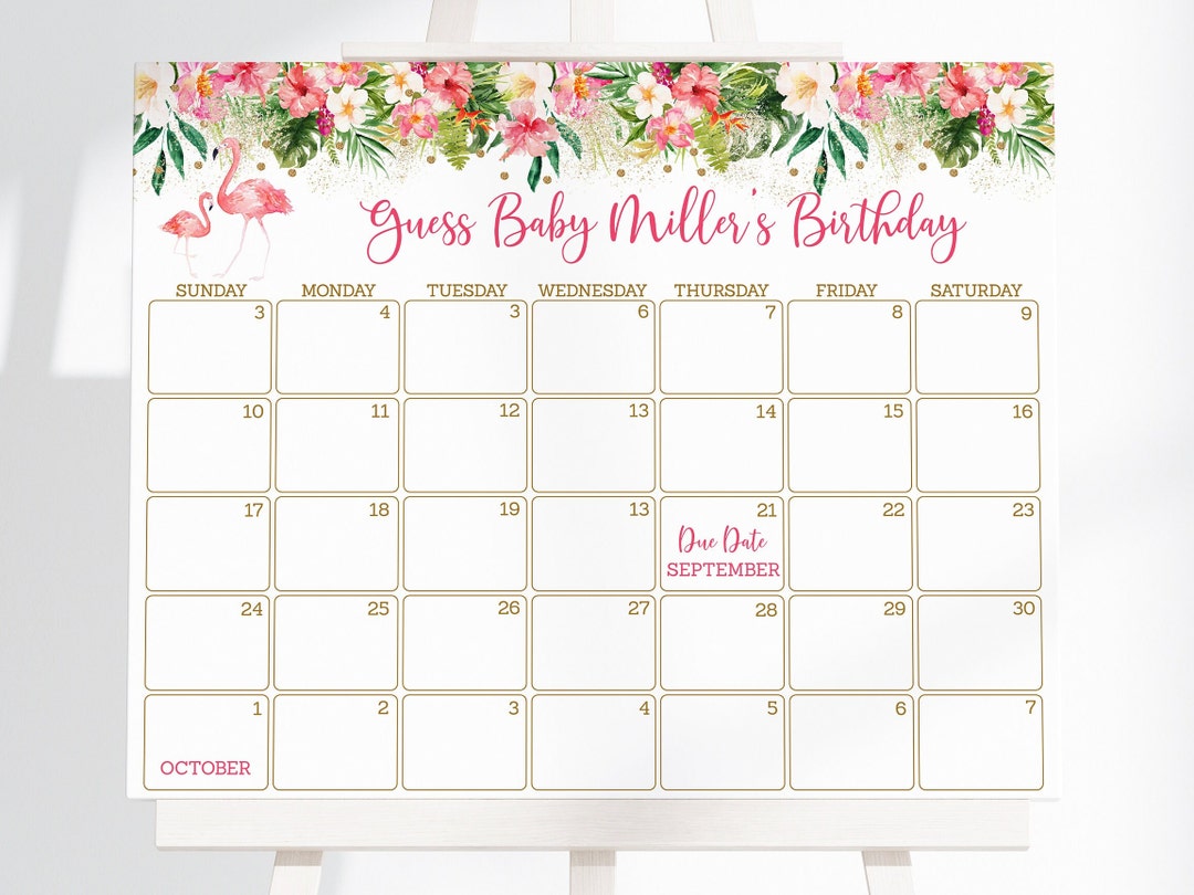 Editable Flamingo Baby Due Date Calendar Flamingo Baby Shower Pink ...
