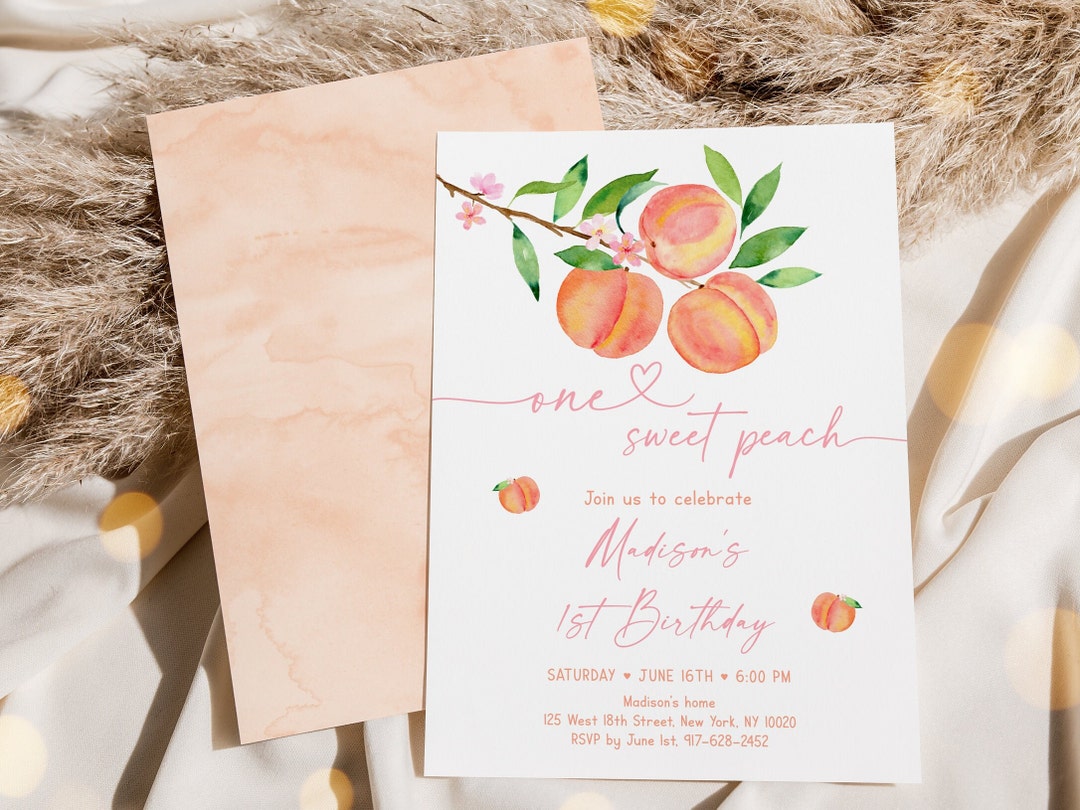 Editable One Sweet Peach Birthday Invitation Peach Blossom Birthday ...