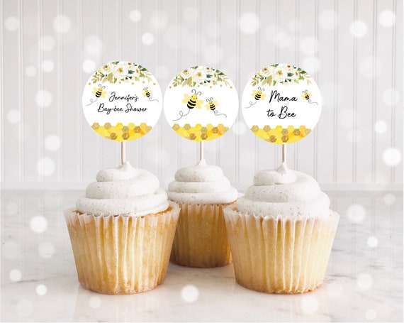 Editable Bee Cupcake Toppers Bee Baby Shower Bay-Bee Shower Gold Bee ...