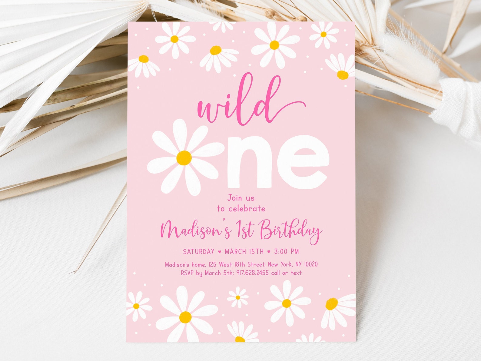 Daisy First Birthday Invitation Wild One Daisy Birthday Invite Pink ...