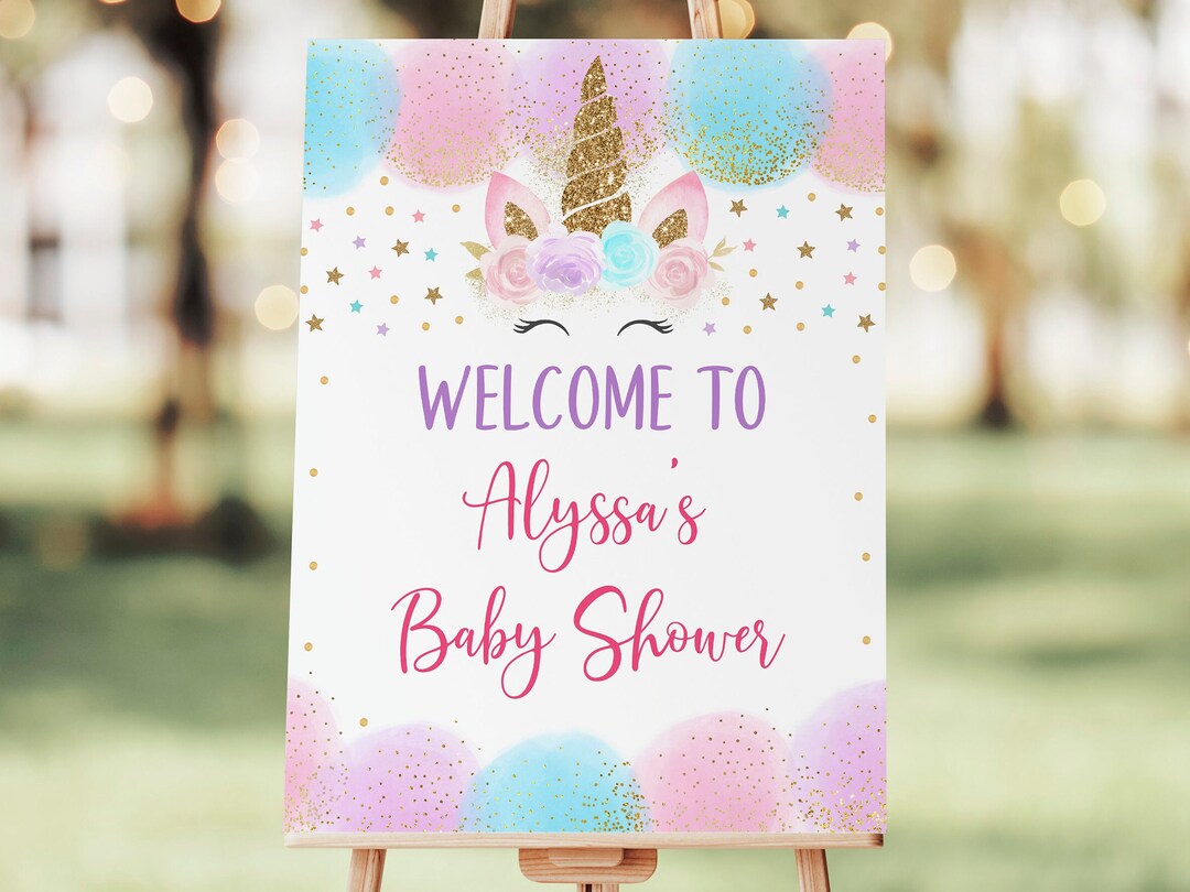 Editable Unicorn Baby Shower Welcome Sign Pink & Gold Unicorn Rainbow ...