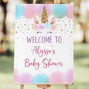 Editable Unicorn Baby Shower Welcome Sign Pink & Gold Unicorn Rainbow ...