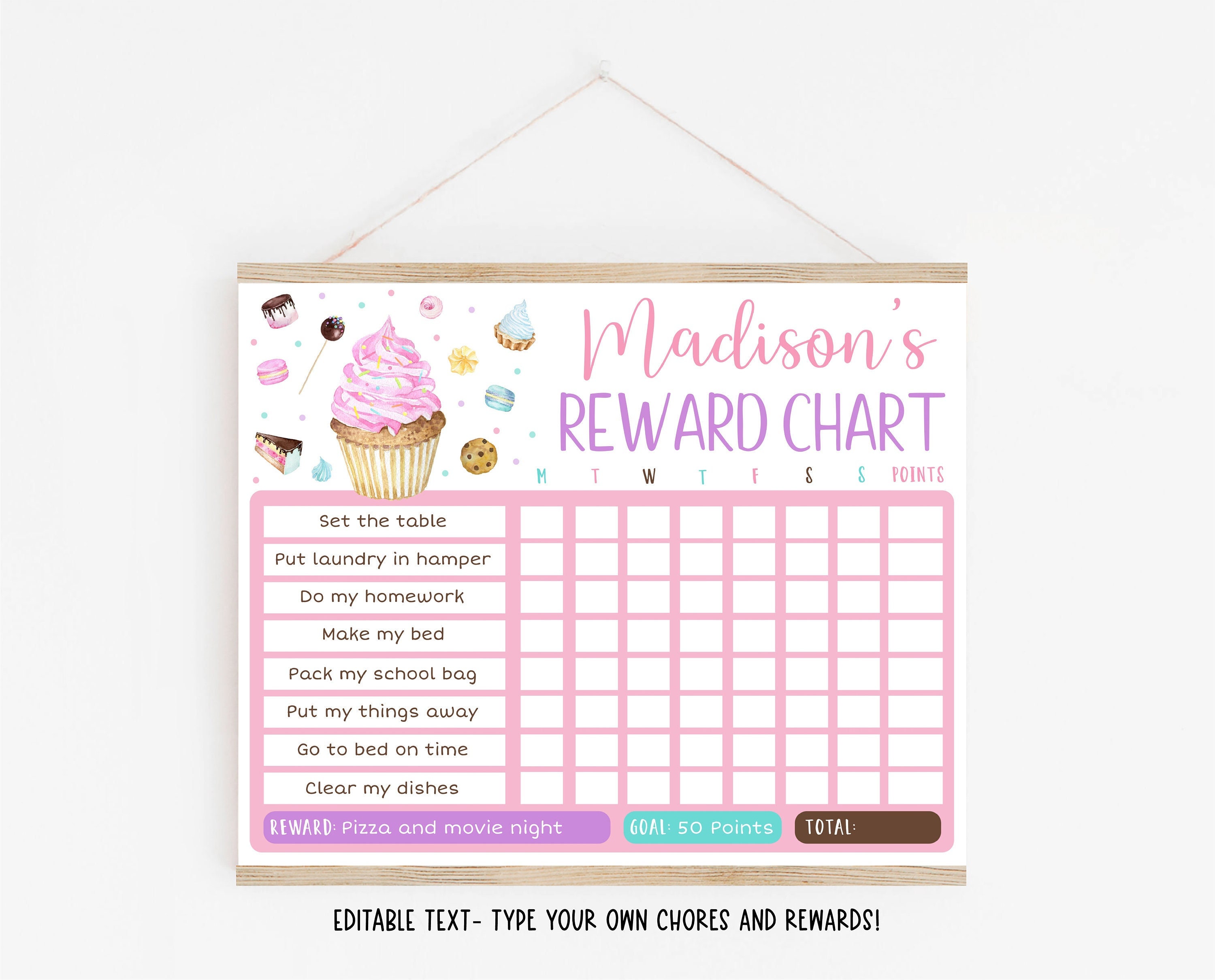 Editable Baking Reward Chart, Girls Behavior Chart, Cupcake, Candy ...