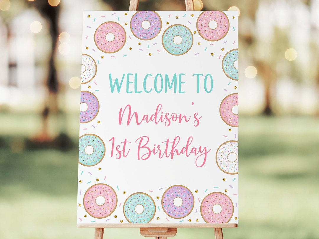 Editable Donut Birthday Welcome Sign, Girls Donut Party, Pink Gold ...