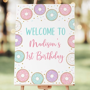 Editable Donut Birthday Welcome Sign, Girls Donut Party, Pink Gold ...