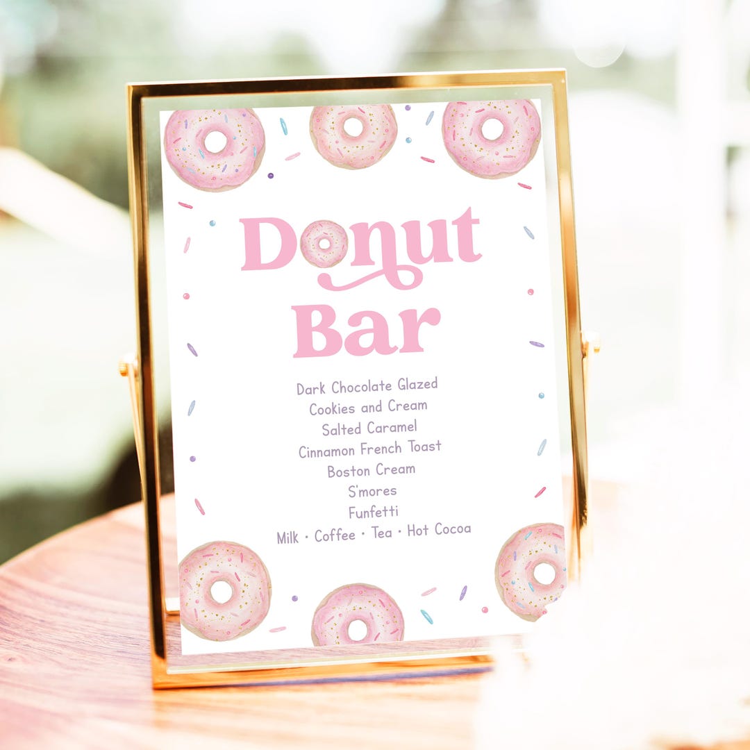 Editable Pink Donut Bar Birthday Menu, Pastel Girl Donut Sprinkles ...