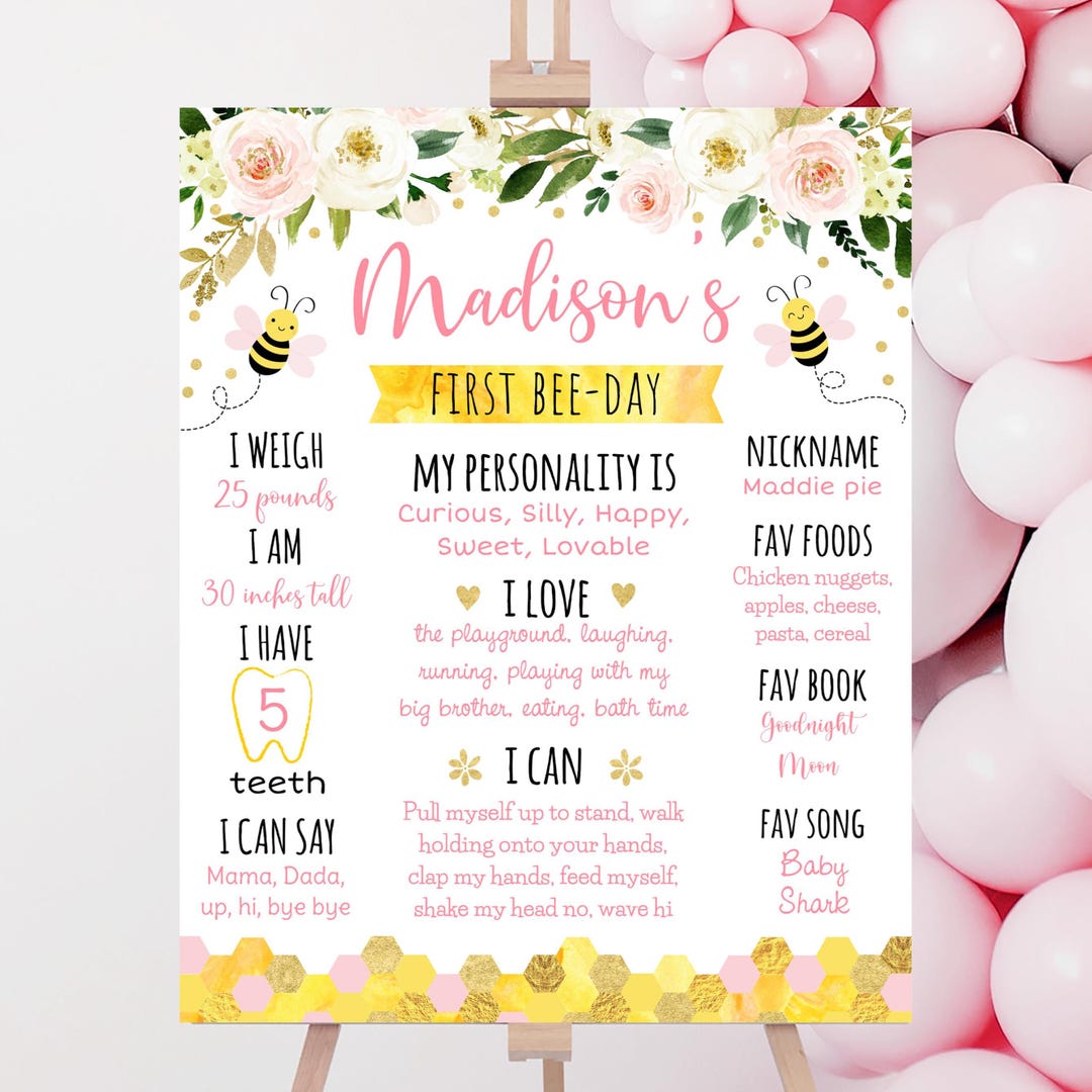 Editable Pink Bee Birthday Milestone Sign First Bee-day Little Honey ...