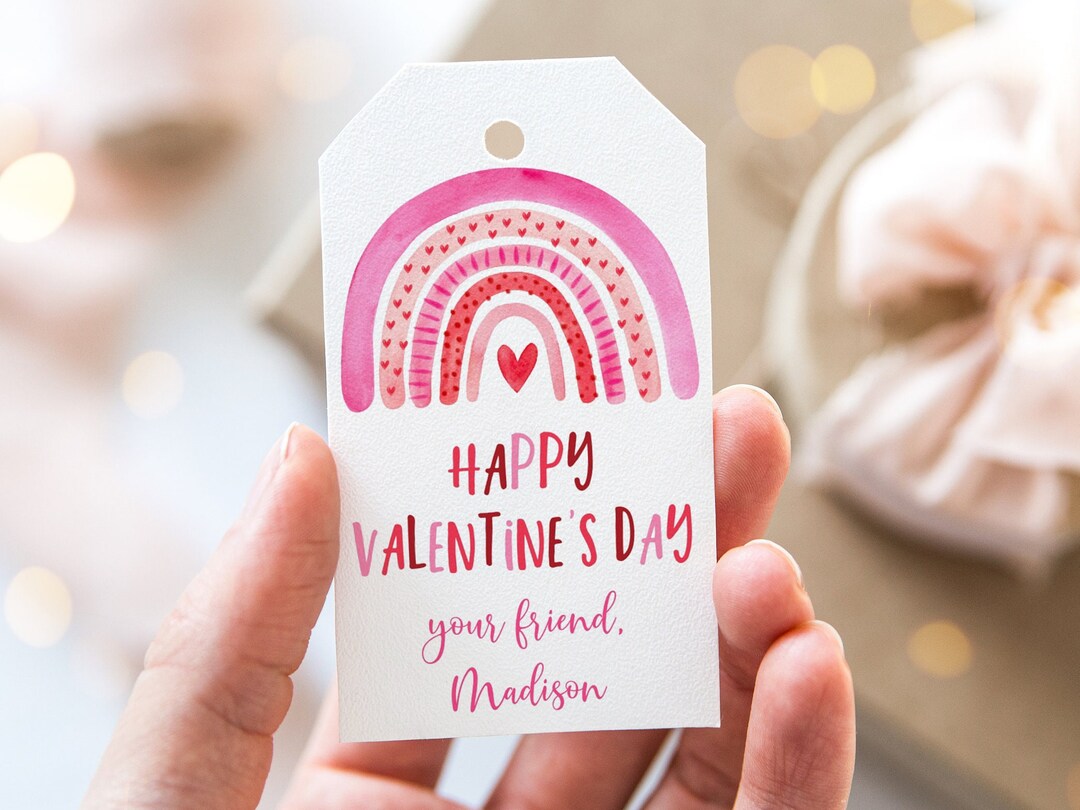 Editable Happy Valentine's Day Gift Tag Favor Tag Boho Rainbow Pink Red ...