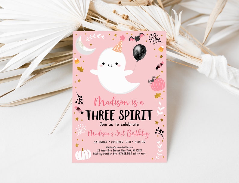 Editable Three Spirit Ghost Birthday Invitation Halloween Ghost Third ...