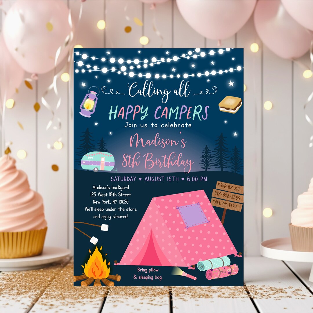 Editable Girl Camping Birthday Invitation Camping Sleepover Party ...