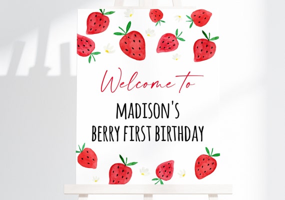 Editable Strawberry Birthday Welcome Sign Strawberry Party Berry Sweet ...