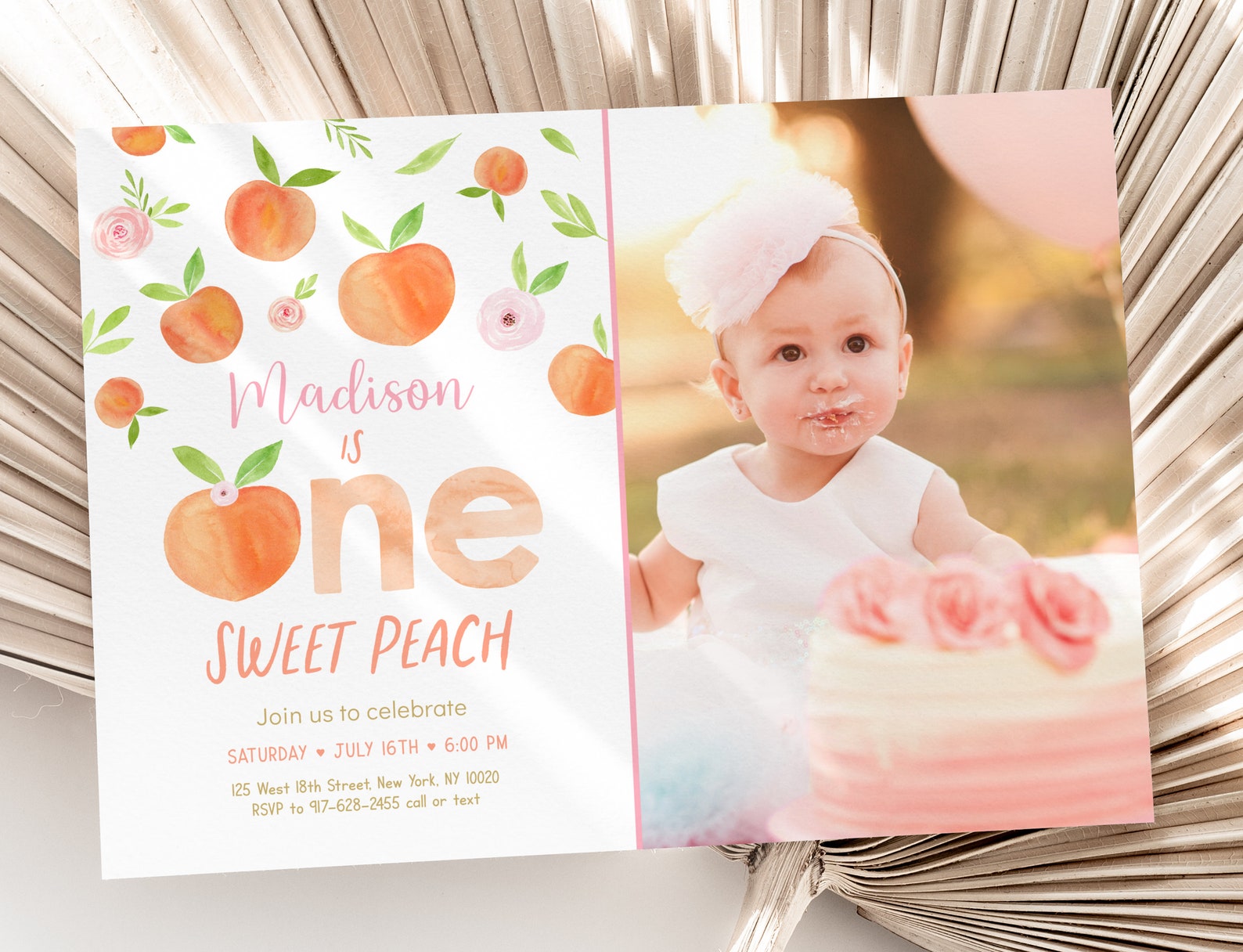 Editable Peach Birthday Invitation One Sweet Peach First | Etsy